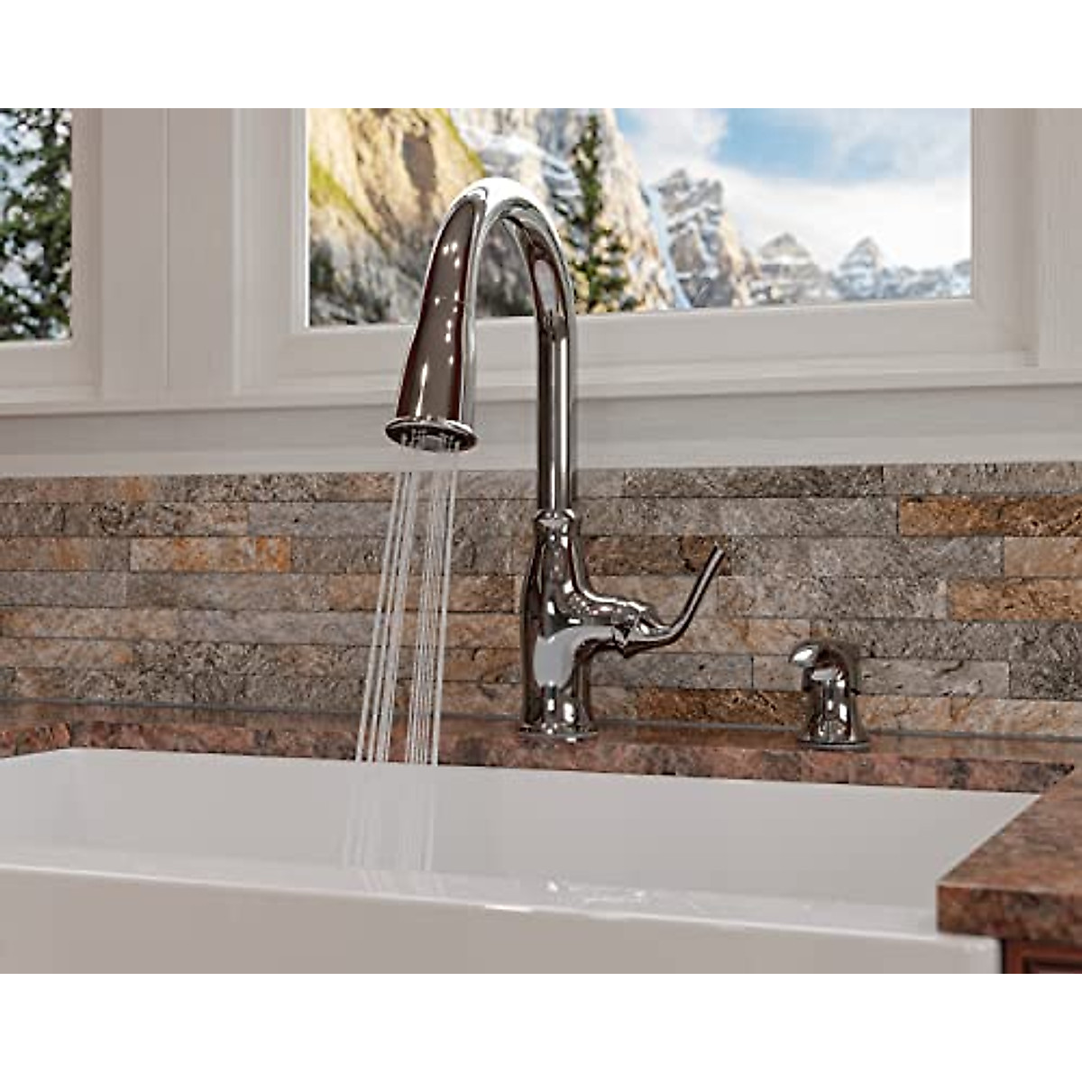 Pfister Rosslyn Kitchen Faucet with Pull Down Sprayer and Soap Dispenser, Single Handle, High Arc, Polished Chrome Finish, F5297RSSRC