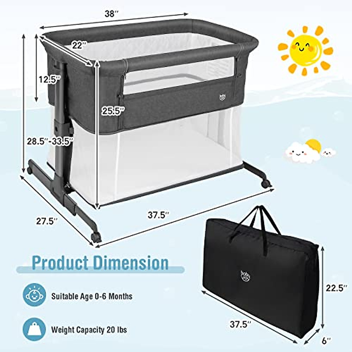 BABY JOY 3-in-1 Bassinet Bedside Sleeper, Playpen & Baby Crib w/Mattress, 5 Adjustable Heights, Lockable Wheels & Travel Bag for Safe Cosleeping, Portable Baby Bassinet for Infants Newborn (Black)