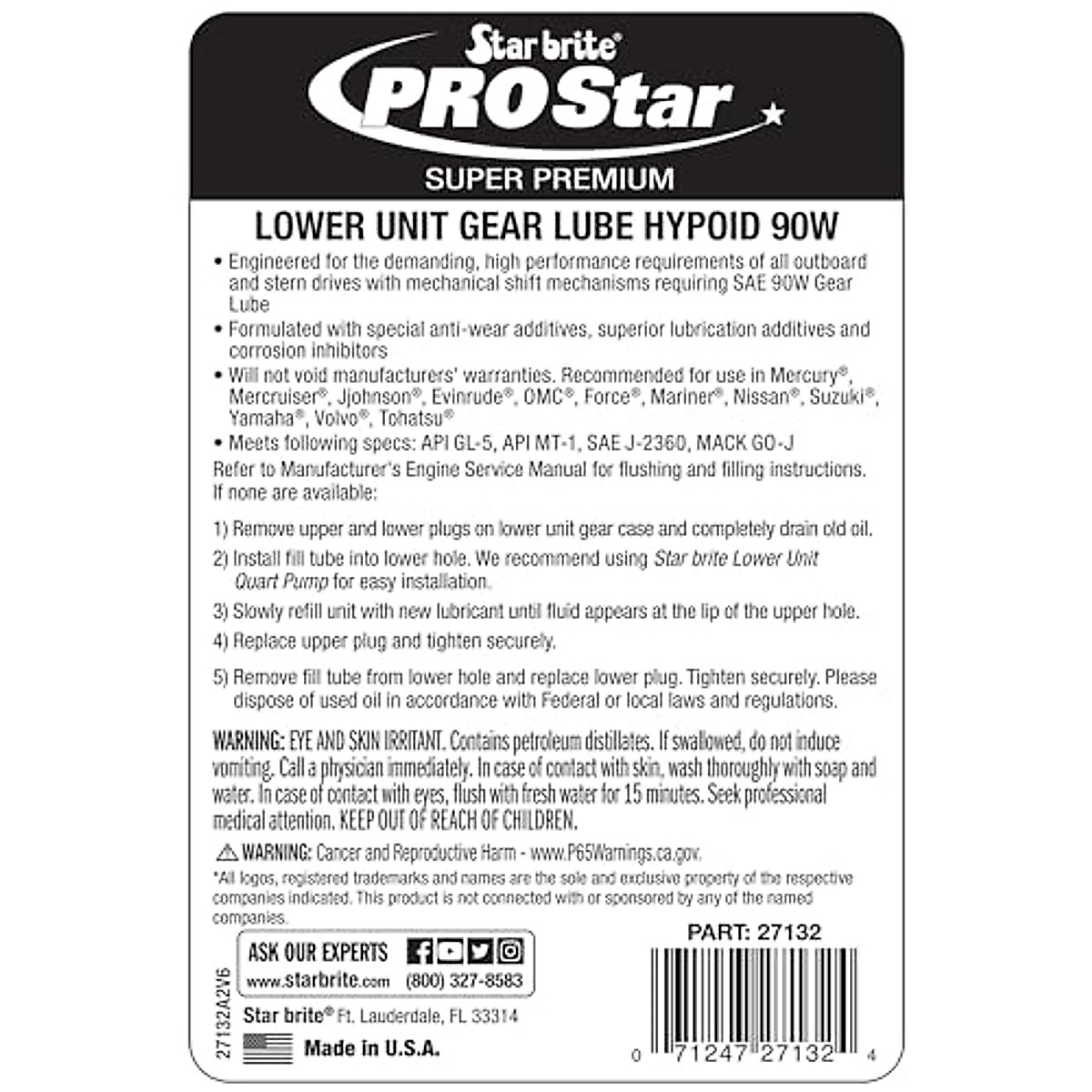 STAR BRITE Hypoid 90W Lower Unit Gear Lube - Ultimate Marine Grade Lubricant for Outboard Motors & Stern Drives - 32 OZ (027132)