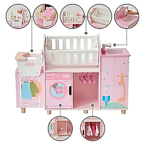 Olivia's Little World Amanda 6-in-1 Wooden Doll Nursery Station with Rocking Cradle, High Chair, Storage, Washing Machine and Sink - for 3 yrs and up, Pretend Play House, Daycare - Pink/Multi
