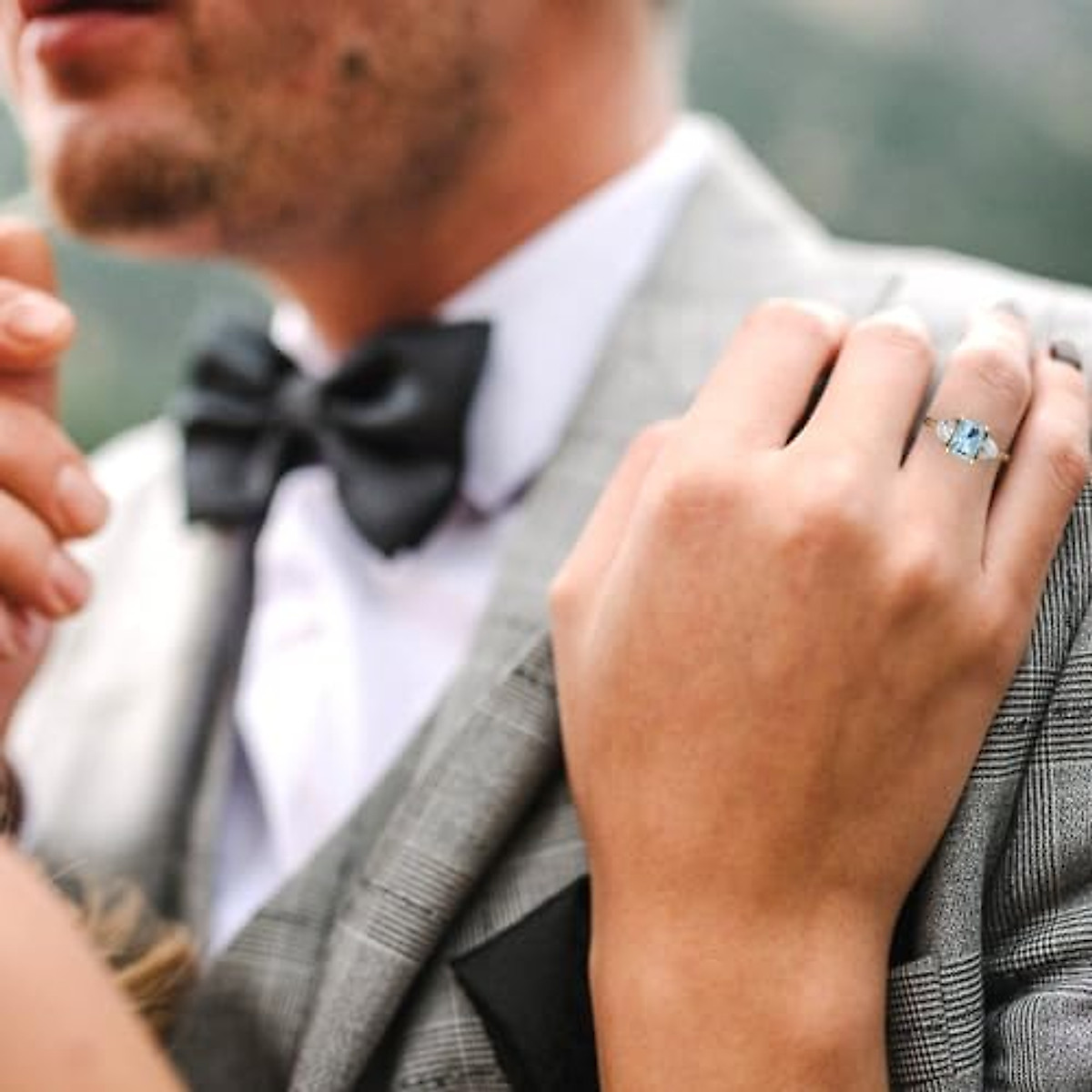 3.0 ct Emerald cut 3 stone Solitaire Blue Simulated Diamond Engagement Promise Anniversary Bridal Ring 18K Yellow Gold 4