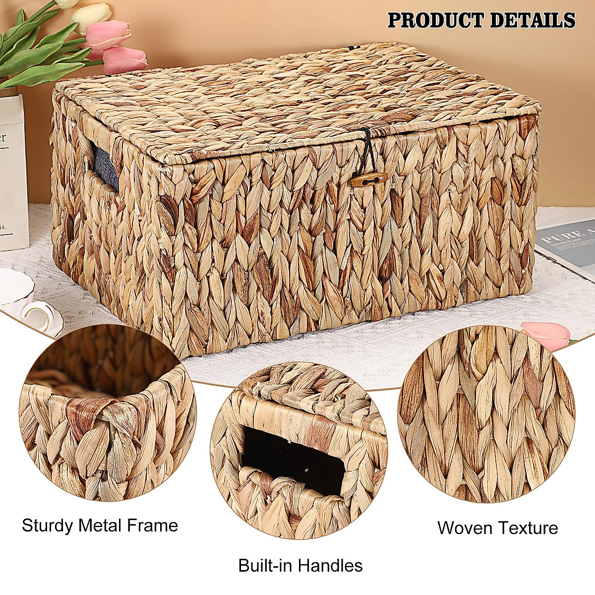 Hipiwe Wicker Storage Bins with Lid, X-Large Handwoven Water Hyacinth Wicker Baskets Rectangular Decorative Shelf Baskets Bin Built-in Handles Household Basket Boxes for Shelf Home Organizing