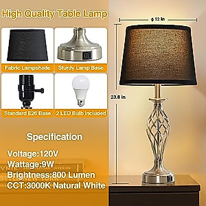 Table Lamp for Bedroom Set of 2 with USB C+A Ports, Brushed Nickel Bedside Lamps with Spiral Cage Base, Fabric Shade, Nightstand Lamp for Living Room Office Reading Bed Side End Table, Bulbs Included