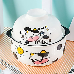 Cabilock Cow Decor Pot Ceramic Ramen Bowl Cow Pattern Noodle Bowl Microwave Soup Bowl Porcelain Dessert Bowl Food Dish with Lid Pho Porridge Salad Snacks Bowl for Home Pots