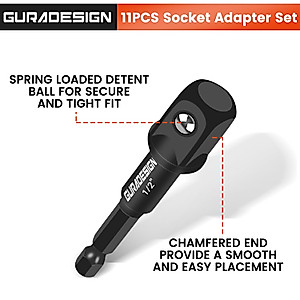GURADESIGN 11-Piece Impact Socket Adapter Set for Drill, 3-Inch and 6-Inch Hex Shank Impact Driver Socket Adapter, Socket to Drill Adapter 1/4" 3/8" 1/2" Impact Driver Adapter