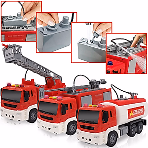 ArtCreativity Light Up Fire Trucks for Kids, Set of 3, Includes Ladder Truck, Tanker Truck, & Engine Truck, Fire Trucks with Real Water Spraying, LEDs, & Sound, Push n Go Fire Trucks for Boys & Girls