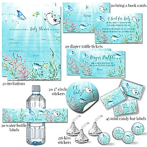 Amanda Creation Underwater Cute Sea Life Baby Shower Party Bundle Includes 20 each of Invitations with Envelopes + 4 Different Sizes of Decorative Stickers, Diaper Tickets & Bring a Book Cards