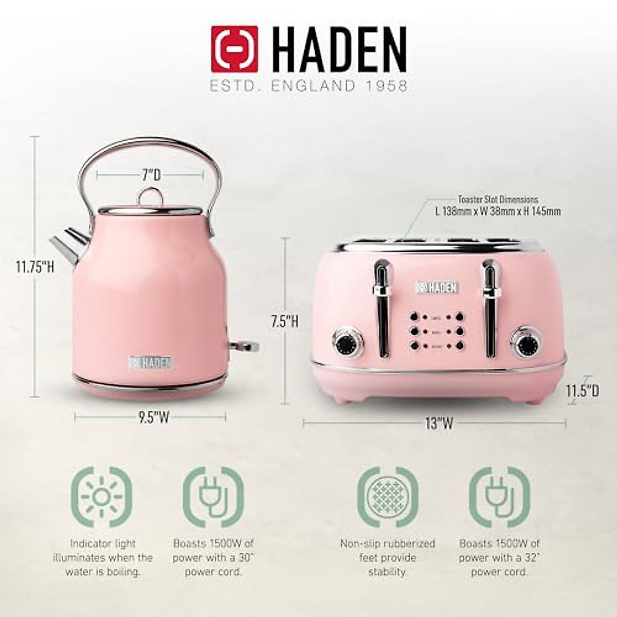 Haden Heritage 1.7 Liter Stainless Steel Electric Water Kettle Bundled with 4 Slice Wide Slot Stainless Steel Toaster, English Rose