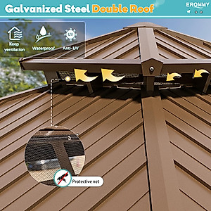 EROMMY Hardtop Gazebo 12' x 12', Galvanized Steel Double Roof Gazebo with Aluminum Frame, Permanent Outdoor Metal Pavilion with Curtain and Netting for Patio, Lawn and Garden