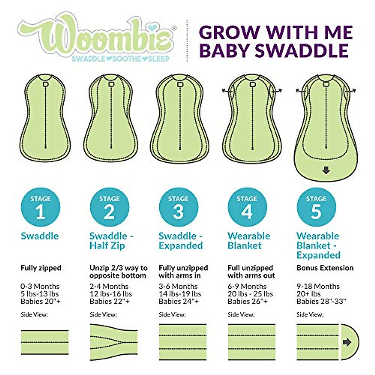 Woombie Grow with Me Air Baby Swaddling Blanket, Convertible Swaddle Fits Babies 0-9 Months, Expands to Wearable Blanket for Babies up to 18 Months, Dream On