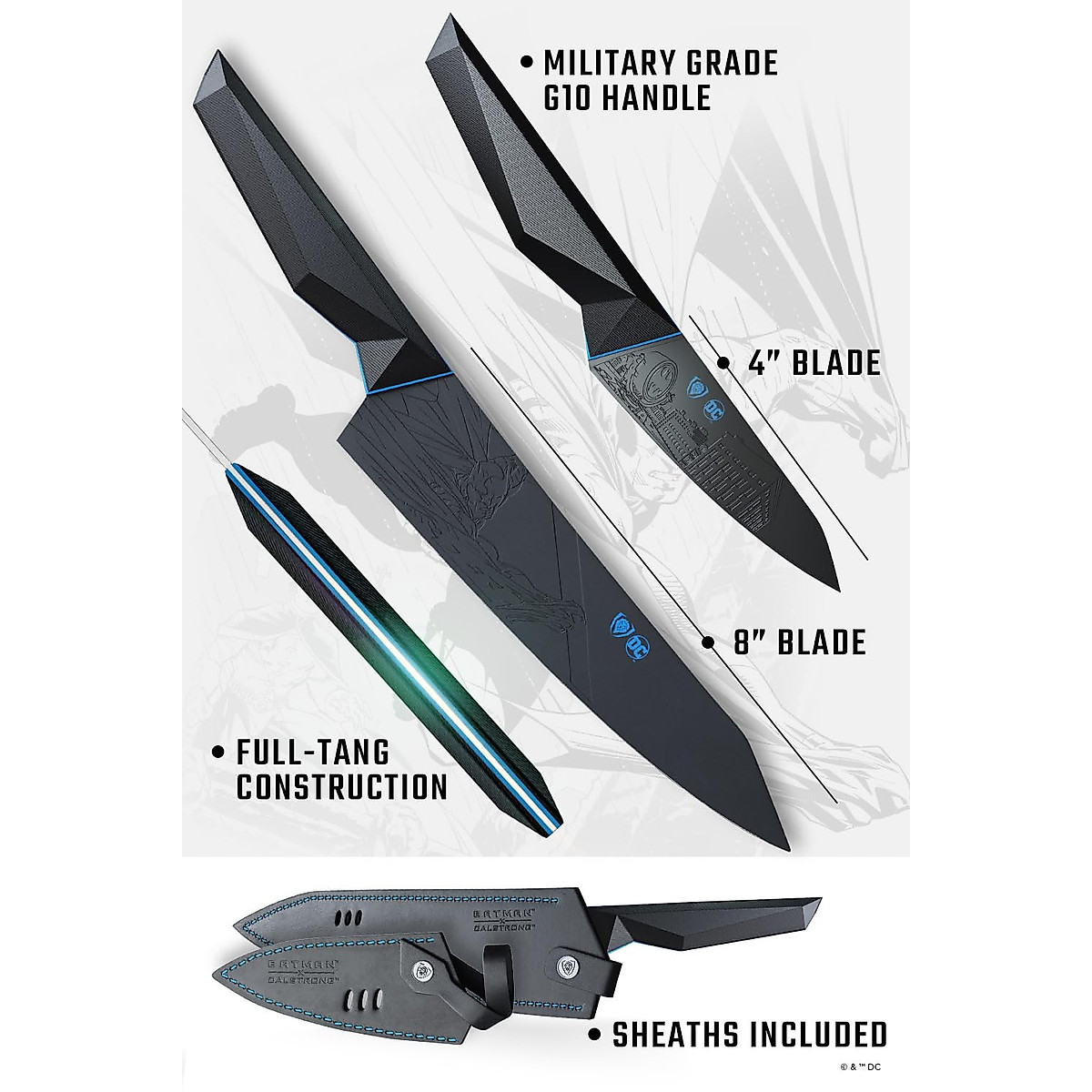 Dalstrong Knife Set-2pc-BATMAN™ DC Licensed SBS Edition-8" Chef Knife 3.75" Paring Knife-7Cr17MoV Steel-Giftable Black Titanium Kitchen Knife-DC Batman Set-G10 Handle-Sheath-Comic Figures