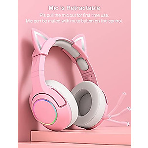 PHNIXGAM Pink Girl Gaming Headset for PS4, PS5, Xbox One(No Adapter), Wired Over-Ear Headphones with Detachable Cat Ears, Noise Cancelling Microphone, RGB Backlight, Surround Sound for PC