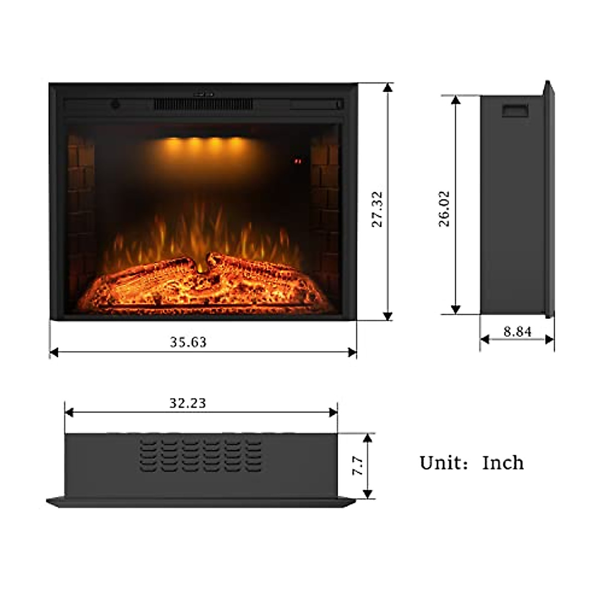 Benrocks 36'' Electric Fireplace Inserts, Recessed & Built in Wall Electric Fireplace Heater with Fire Crackling Sound, Adjustable Top Light & Flame Speed, Overheating Protection, 750/1500W Black