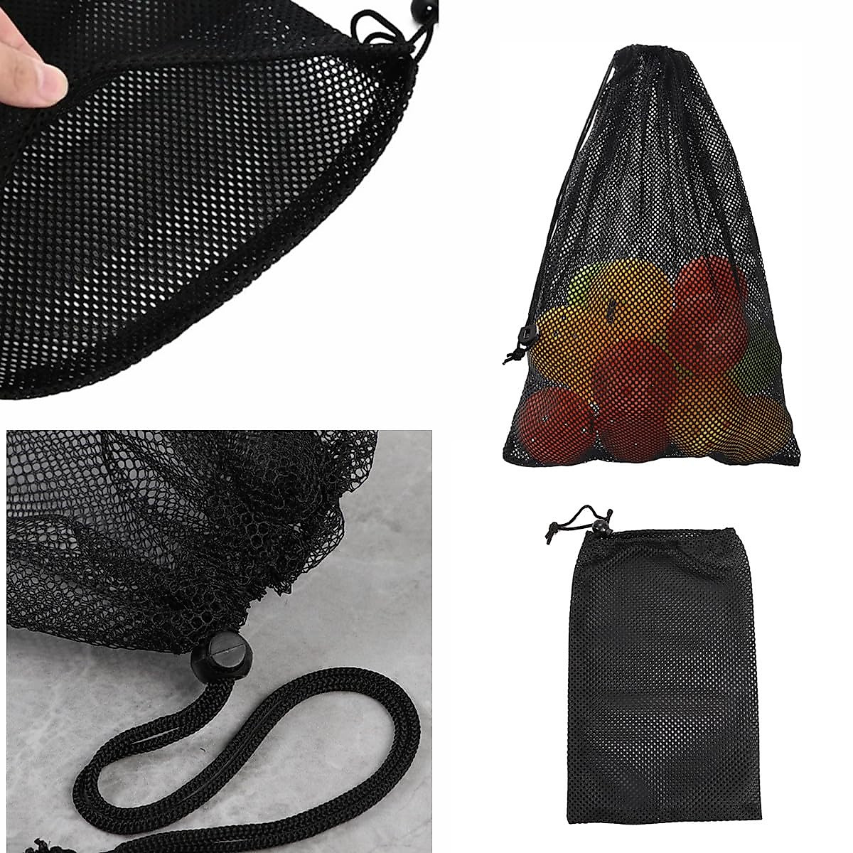 10PCS Nylon Mesh Drawstring Bag With Cord Lock, 8 x 12 Inch Mesh Laundry Drawstring Bag, Nylon Storage Mesh Bags for Balls Beach Toys, Seashell Collecting and Travel (Black)