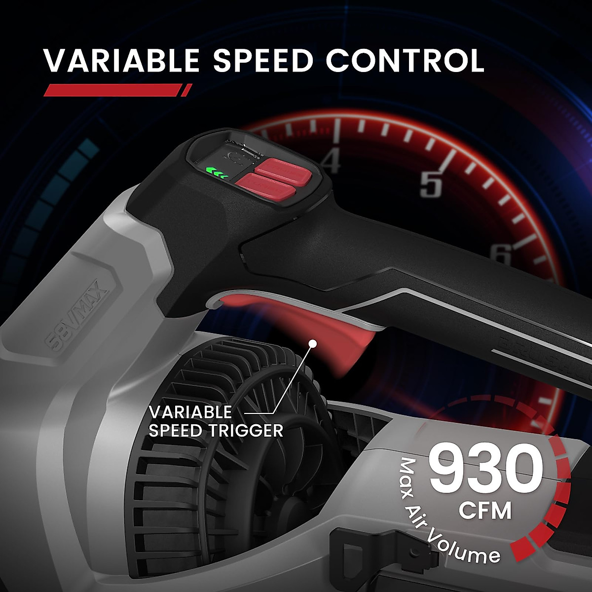 Leaf Blower Cordless, Enhulk 58V Powerful Blower, 930 CFM Max. Brushless Motor, Cruise Control, Turbo Variable-Speeds, CoolBlast Tech, 3 Nozzels, 5.0AH Battery and Charger Included