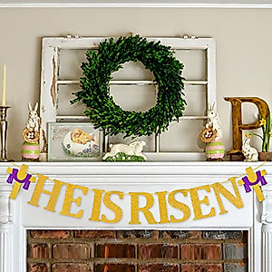 MALLMALL6 HE IS RISEN Banner Easter Party Decorations Religious Holiday Supplies Pre-Strung Glittery Sign Cross Patterns Ready to Hang Wall Art Jesus Faith Photo Props for Outdoor Church Fireplace