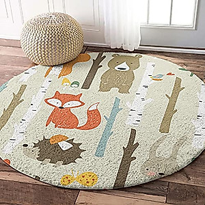 EwdeWwo Shag Area Rug, 3ft Indoor Round Area Rugs- Cartoon Bunny Bear Fox Animal Forest Shaggy Carpet Nursery Rug for Kids Baby Bedroom Living Room Home Decor