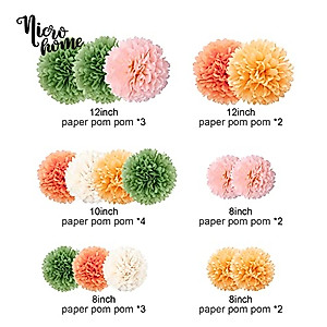 NICROHOME Baby Shower Decorations, 16PCS Sage Green, Bright Orange Tissue Paper Pom Poms for Birthday, Wedding, Spring Summer Party