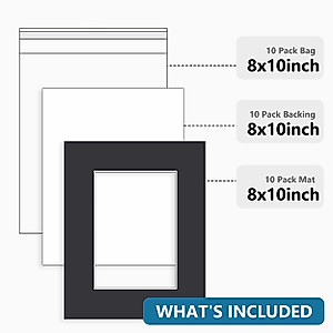 Somime Acid Free 8x10 Photo Mat Set, Black 8x10 Matte for 5x7 Pictures with White Core Bevel Cut for Photo Framing, Artworks, Prints(10 Pack) - Includes Pre-Cut Mats, Backing Boards and Clear Bags