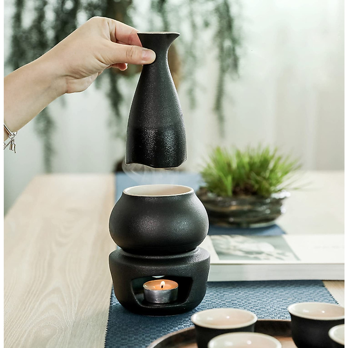 Tosnail 7 Pieces Ceramic Japanese Sake Set with Warmer, Hot Saki Set - Black