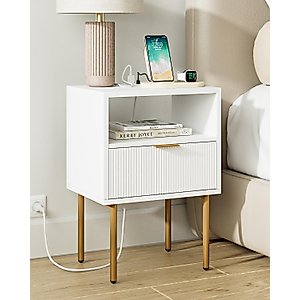 AEPOALUA Nightstand with Charging Station,Small Bedside Table with Gold Frame,White Night Stand,Bedside Furniture,Side Table with Drawer and Shelf for Bedroom,Living Room,Stripe