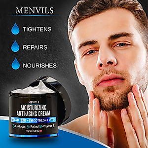 Mens Face Moisturizer Cream - Anti Aging & Wrinkle for Men with Collagen, Retinol, Vitamins E, Jojoba Oil - Face Lotion - Age Facial Skin Care - Eye Wrinkle - Day & Night - Made in USA, 4 oz