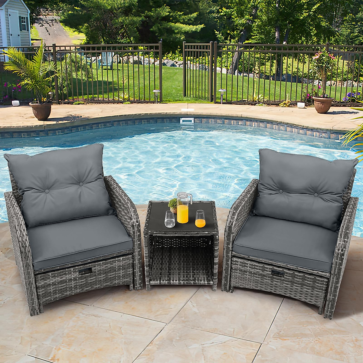 Auzfy Patio Chair with Ottomans and Table, 5 Piece PE Wicker Rattan Outdoor Patio Furniture Set, Space Saving Design Outdoor Chairs with Ottomans Set for Balcony Poolside Front Porch Deck, Grey