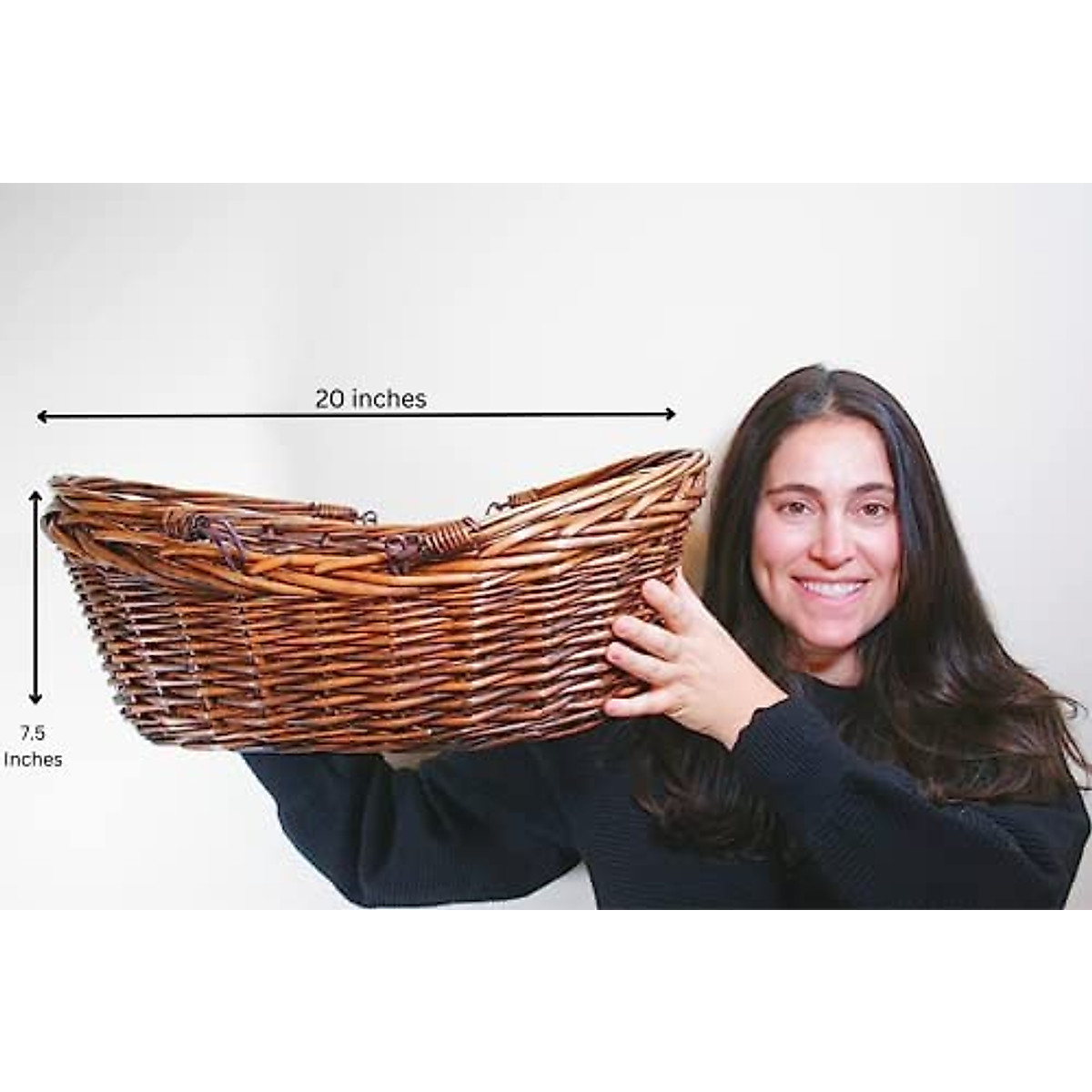 Wald Imports - Large Wicker Basket with Handle - Dark Brown Hand Woven Harvest Basket - Wicker Flower Basket for Storage, Picnics, Easter, Organizing, and More (20 x 7.5 inches)