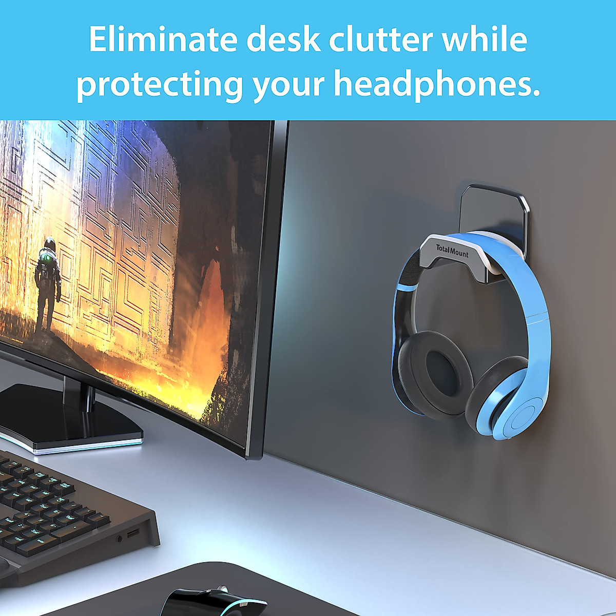 TotalMount Gaming Headset Hanger – Includes Removable Adhesive Strips for Easy, Damage-Free Wall, Desk, or PC Mounting (Black Headphone Hook with Premium Silicone Cradle – One Pack)