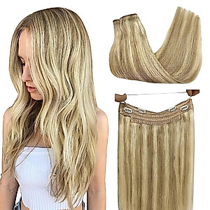 GOO GOO Wire Hair Extensions Human Hair, 16/22 Light Blondewith mix Golden Blonde Highlighted 14inch 75g, Invisible Wire Hair Extensions with Transparent, Seamless Fish Line Hairpiece