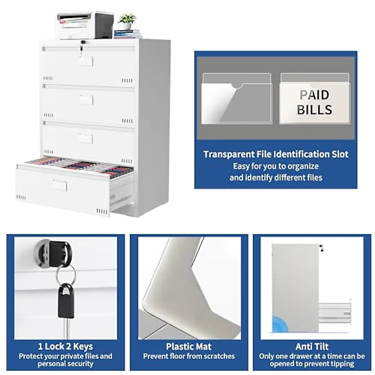 Lateral File Cabinet with Lock, 2 Drawer Metal File Cabinets for Home Office Hanging Letter/Legal/F4/A4, Metal Horizontal File Cabinet with Card Slot for Easy Organization(White)