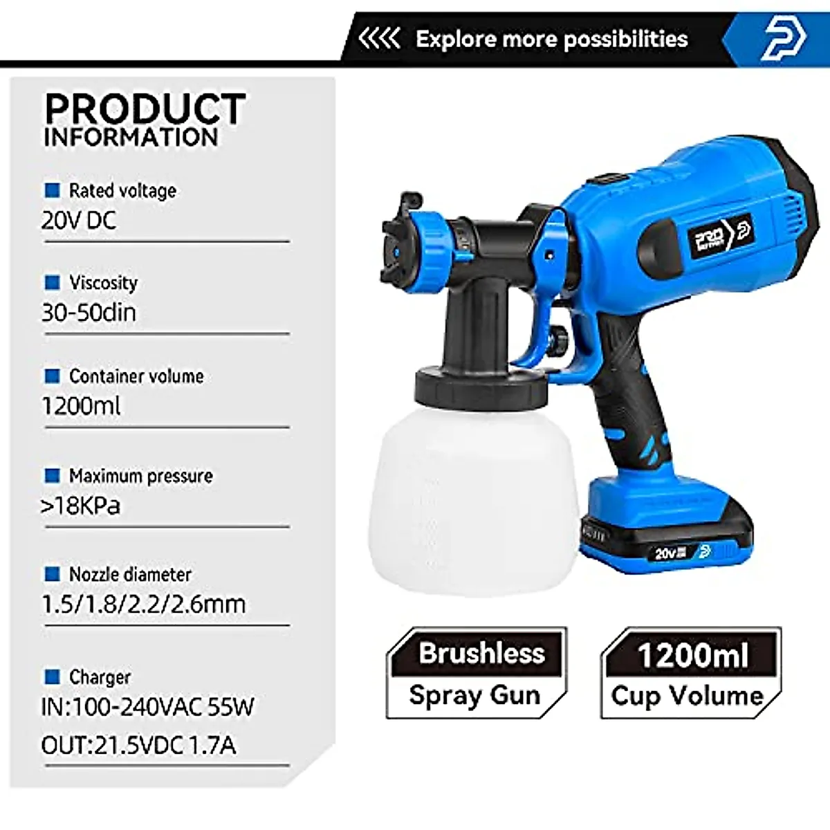 Prostormer 20V Cordless Paint Sprayer, Brushless High Power HVLP Paint Spray Gun with 3 Spray Patterns and 1200ml Containers - Easy to Spray/Clean Ideal for Furniture, Fence, Walls, Door
