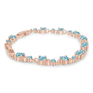 AFFY 14k Rose Gold Over Sterling Silver Leaf Shape Tennis Bracelet Round Shape Simulated Aquamarine 7.25"