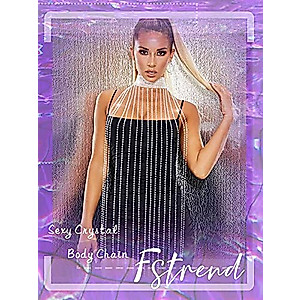 Fstrend Women Rhinestone Choker Long Tassel Necklaces Sparkly Crystal Collar Necklace Fashion Statement Party Festival Body Accessories Jewelry Chain