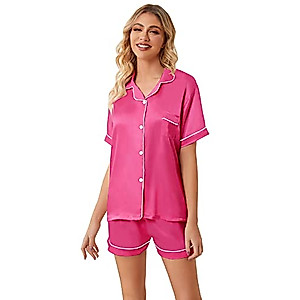 Silk Pajamas Sets for Women, 2 Pcs Sleepwear Silk Button-Down Pj Lounge Set, Hot Pink, US XS