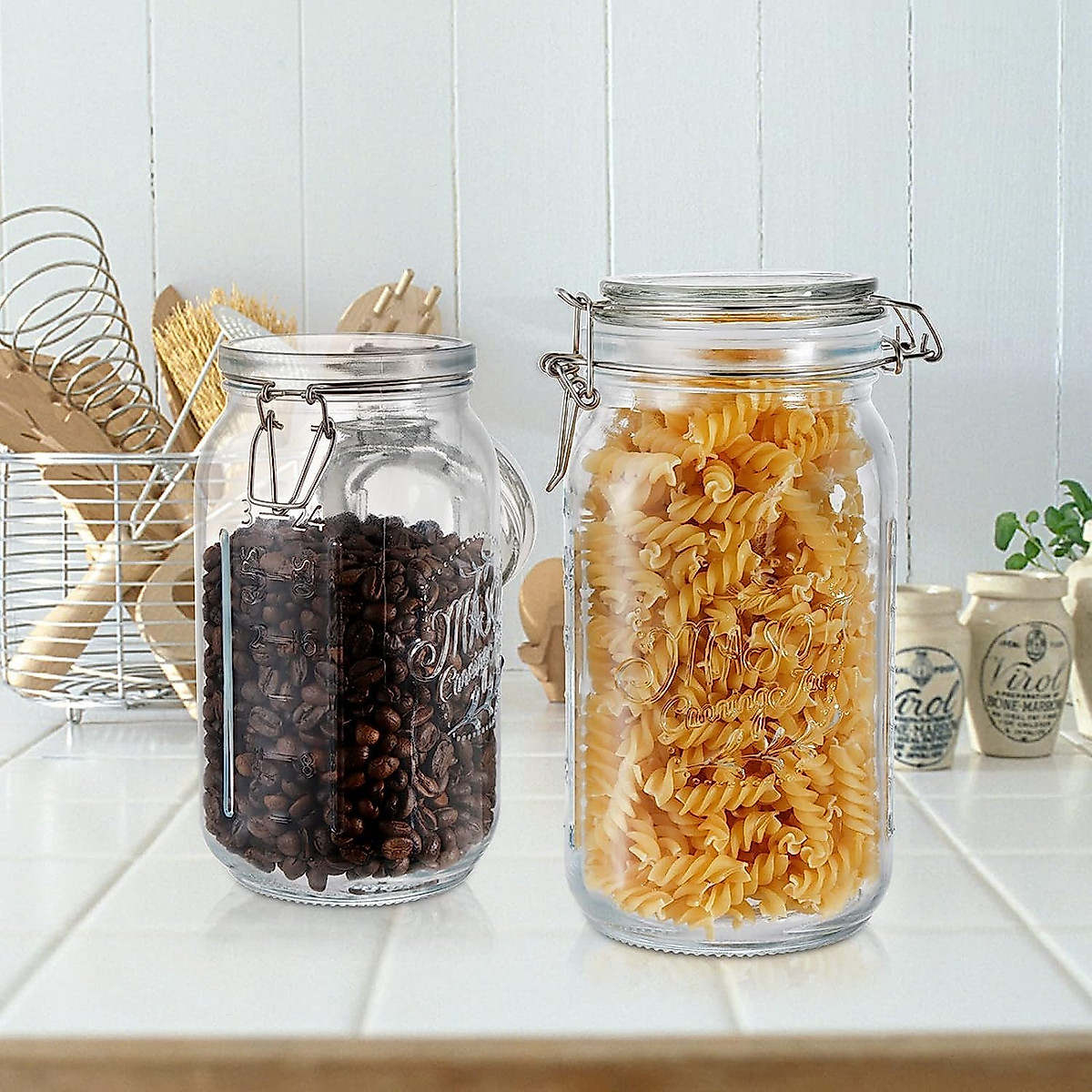 Tebery 4 Pack Clear Wide Mouth Glass Mason Jars with Airtight Clamp Lids, 32Oz Glass Storage Containers Large Kitchen Canisters for Food, Flour, Pasta, Coffee, Candy, Dog Treats, Snacks & More