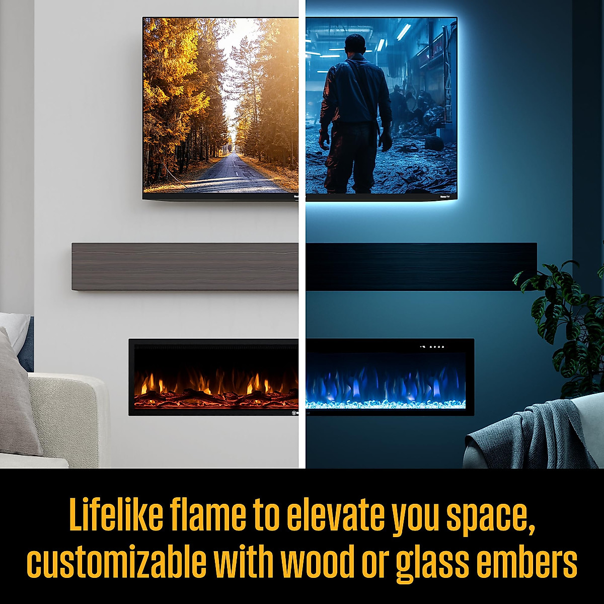 Westinghouse 50 Inch Electric Fireplace Heater, Compatible with Alexa & Google Home, Wall Mount or in-Wall Recessed Fireplace Insert, 24 Hour Timer, Color Changing Flames, 750W/1500W Indoor Heater