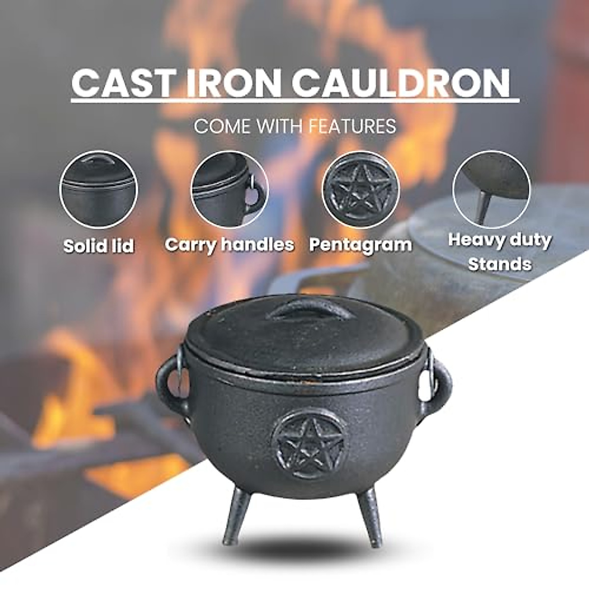 Cast Iron Cauldron with Lid and Carry Handle for Spells, Smudging, Ritual & Blessings | Includes 6 Free Incense Smudge Cups (4.5 Inch, Pentagram)