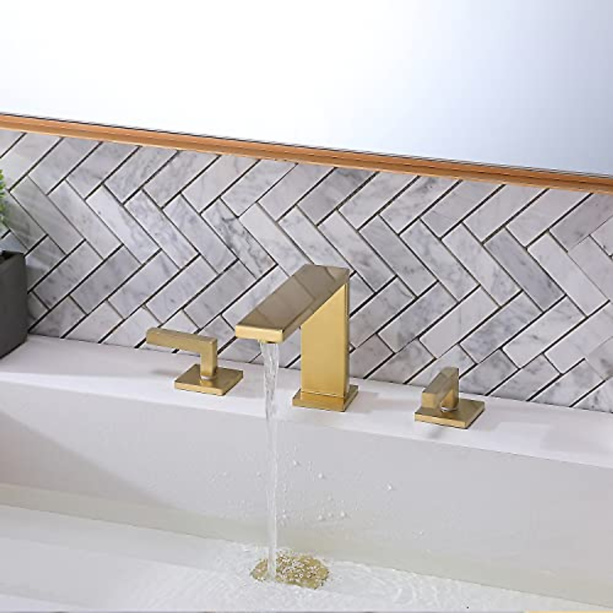 VCCUCINE Gold Bathroom Faucet, Modern Commercial 2 Handle 3 Holes Brushed Gold Widespread Bathroom Faucet, Brass Gold Bathroom Lavatory Vanity Sink Faucet with Water Supply Lines