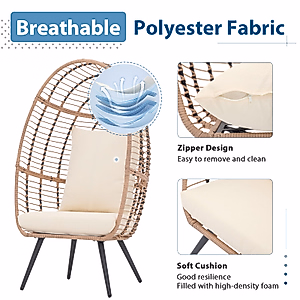 JOIVI Wicker Egg Chair, Oversized Indoor Outdoor Lounger Large Egg Basket Chair with Stand and Cushions for Patio Porch, Backyard, Living Room, Balcony (Beige Rattan, Creamy White Cushion)