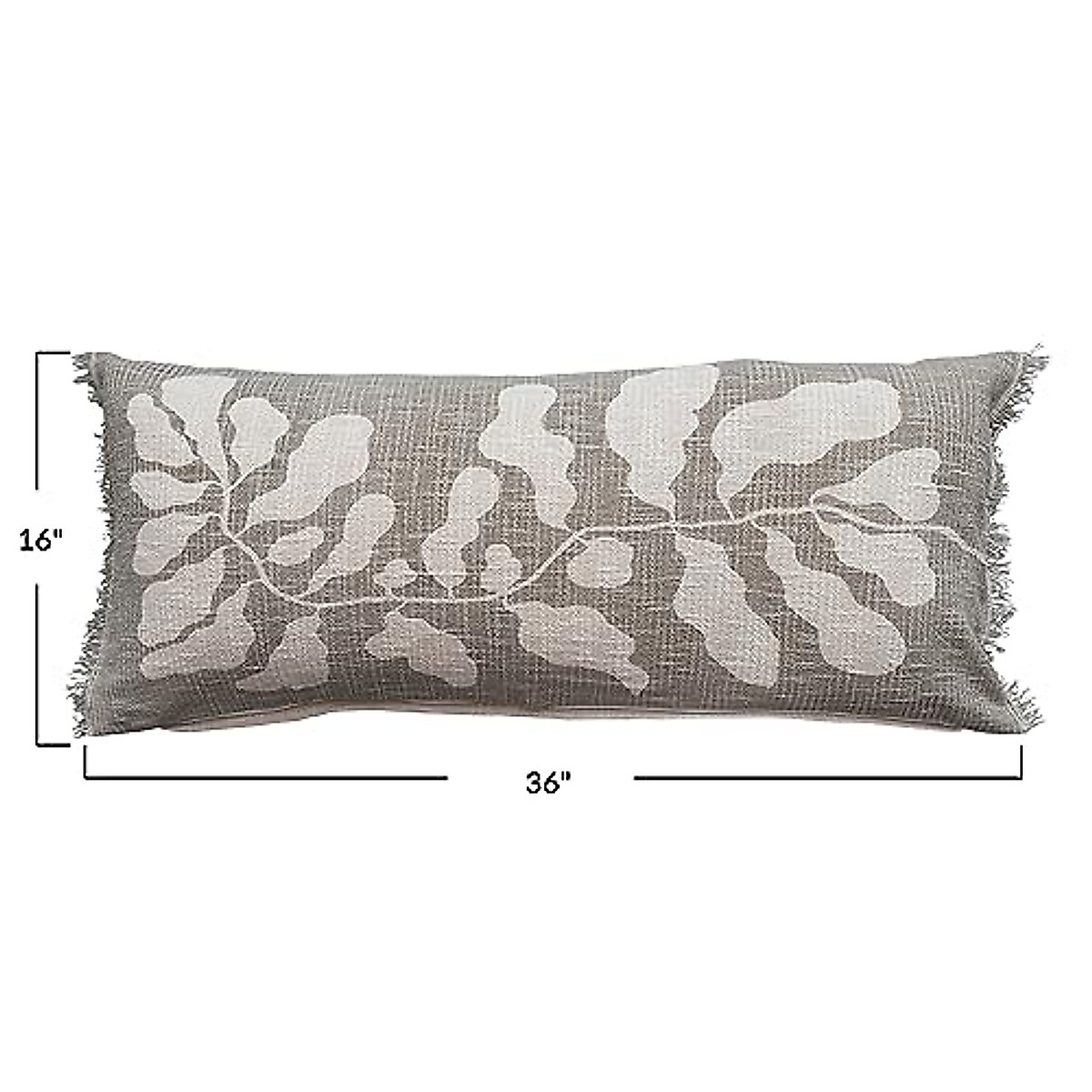Bloomingville Cotton Botanical Print and Fringe, Grey Lumbar Pillow, Tan
