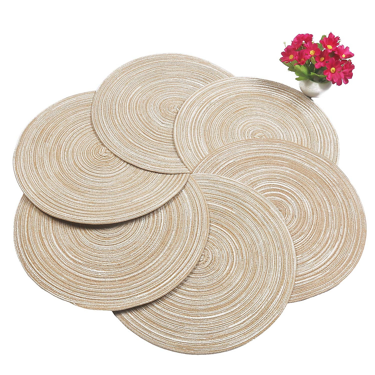 SHACOS Round Braided Placemats Set of 4 Round Table Mats for Dining Tables 15 inch Washable (Beige, 4)