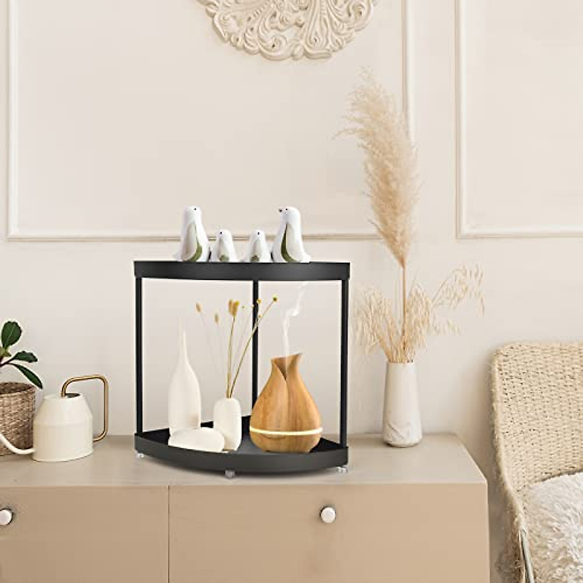 2 Tier Bathroom Countertop Organizer, Corner Storage Shelf Counter Standing Rack Cosmetic Vanity Tray Kitchen Spice Rack, Black