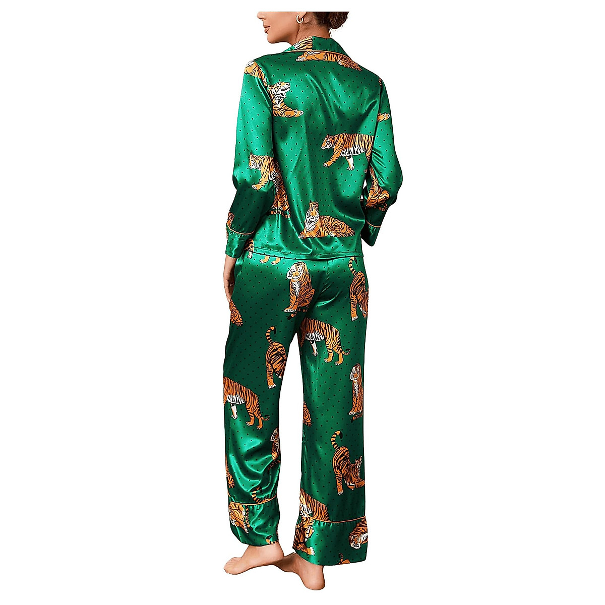 WDIRARA Women's Sleepwear Striped Satin Short Sleeve Shirt and Pants Pajama Set Green Tiger M