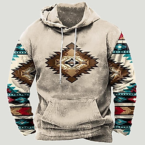 Aymnlox time limited deals today prime Hoodies for Men Western Aztec Ethnic Lightweight Hooded Sweatshirts Casual Long Sleeve Ethnic Print Graphic Pullover anime hoodie for men 3x Beige M