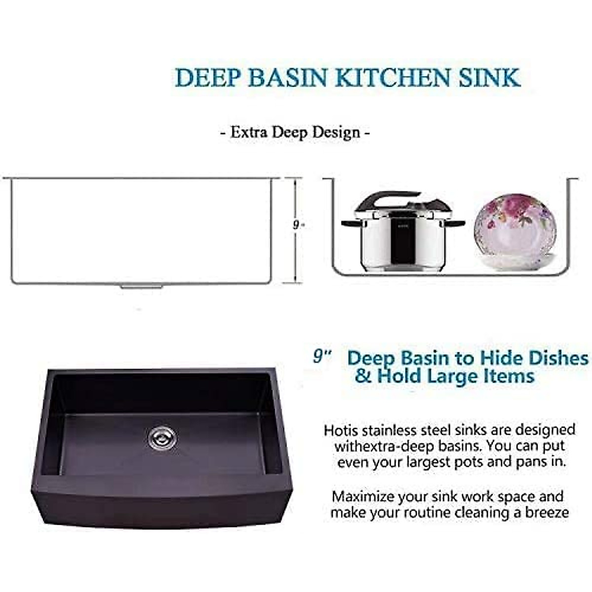 Hotis Black Farmhouse Sink, 33 Inch Farm Sink, Apron-Front 304 Stainless Steel Farmhouse Kitchen Sink, Single Bowl Undermount Apron Sink With Dish Grid