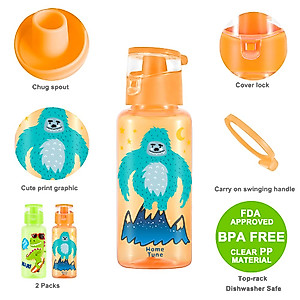 13oz Kids Water Drinking Bottle - BPA Free, Wide Mouth, Chug Lid, Easy Open, Lightweight, Leak-Proof Water Bottle with Cute Design for Girls & Boys - 2 Pack(Dinosaur/Chimpanzee)