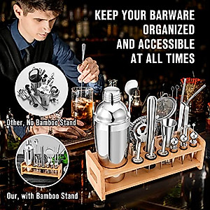 FREOIHETI 30 Piece Cocktail Shaker Set, Cocktail Bartender Kit Bar Drink Tool Set with Stylish Bamboo Stand Cocktail Recipes Booklet - Silver