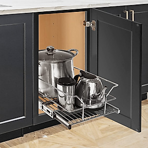 Atposh Pull Out Cabinet Organizer, Heavy Duty Single Wire Basket Pull Out Cabinet Sliding Drawer Organizer for Kitchen Base Cabinets, Chrome Finish 11" W x 21" D