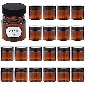 20 Pack 2 oz Amber Plastic Jars with Lids and Labels, Empty Salve Containers Refillable Cosmetic Jars for Creams, Lotion, Body Scrubs